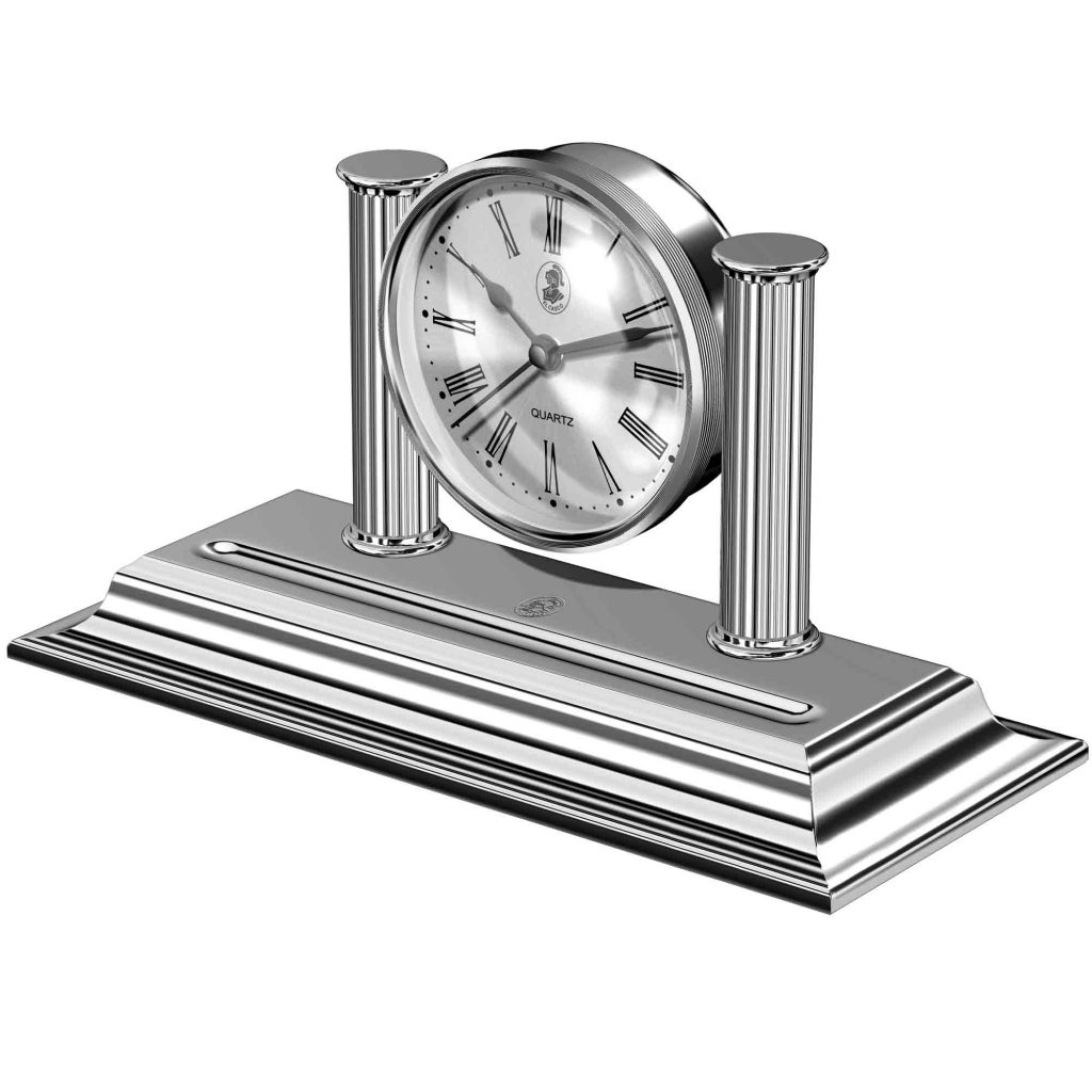 Shiny chrome plated Desk Clock with Pen Holder - El Casco